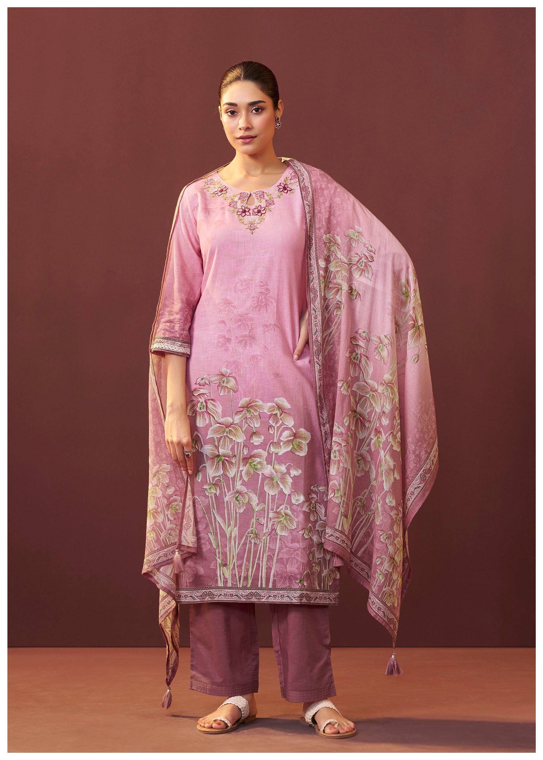 Roselle Pink Embroidered Linen Kurta Set