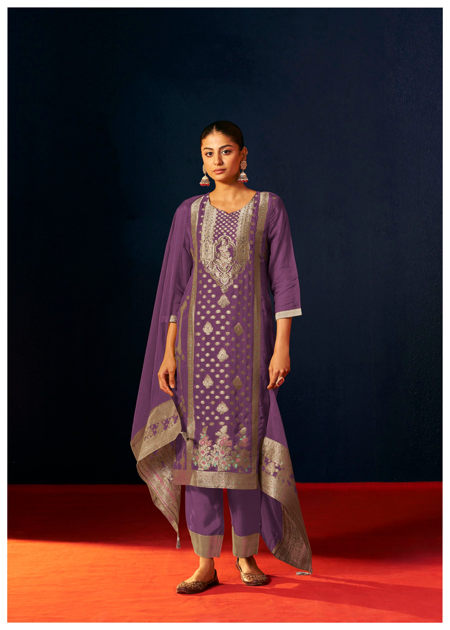 Myrren Purple Jacquard Organza Kurta Set