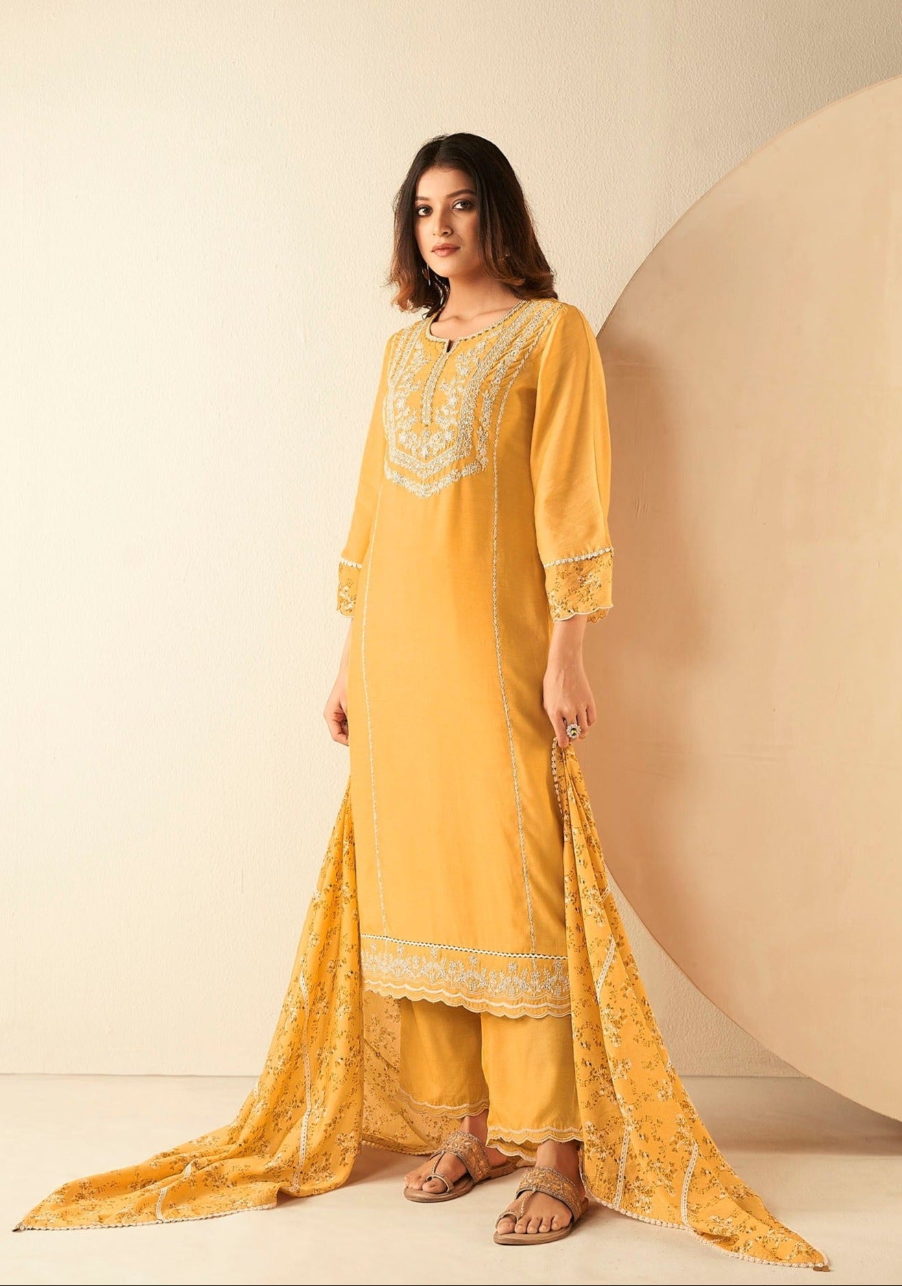 Sunshine Saffron Muslin Embroidery Kurta Set